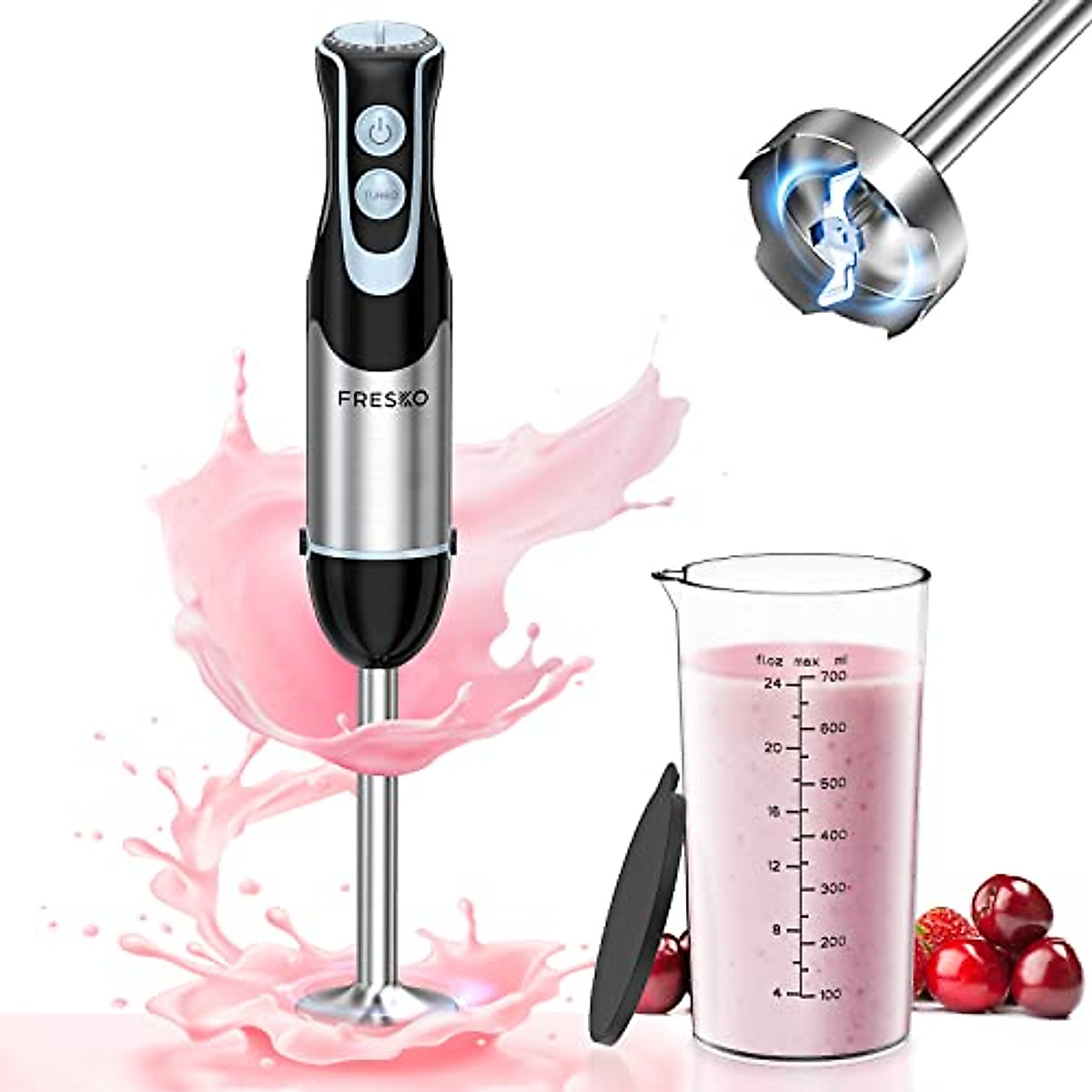 FRESKO Immersion Handheld Blender 500W with 700ml Beaker, 12-Speed & Turbo Mode Hand Blender Stick, 304 Stainless Steel Blades for Soup, Smoothie, Puree, Baby Food