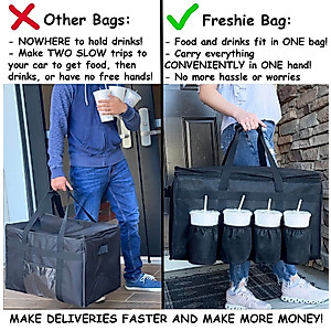 FRESHIE Insulated Food Delivery Bag with Cup Holders/Drink Carriers Premium, For Doordash, Uber Eats, Grubhub, Pizza Bag, Catering, Beverage, Commercial Quality (XL)