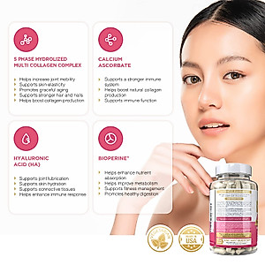 Premium Collagen Pills for Women - 120 Capsules, 2100 mg Colageno Hidrolizado, Grass Fed Collagen Supplements (Type I, II, III, V, X) + Hyaluronic Acid, Vitamin C, Bioperine, Anti-Aging, Skin, Hair