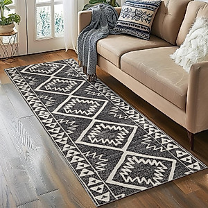 JINCHAN Boho Kitchen Runner Rug 3x12 Moroccan Trellis Hallway Runner Rug Washable Tribal Runner Non Slip Soft Geometric Thin Farmhouse Rug for Bedroom Bathroom Laundry Room Living Room Heathered Black