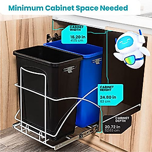 Home Zone Living 15.3 Gallon Pull Out Under Cabinet Trash Can, Large Dual Removable Liners for Recycling and Trash (7.65 + 7.65 for 15.3 Gallon Total)