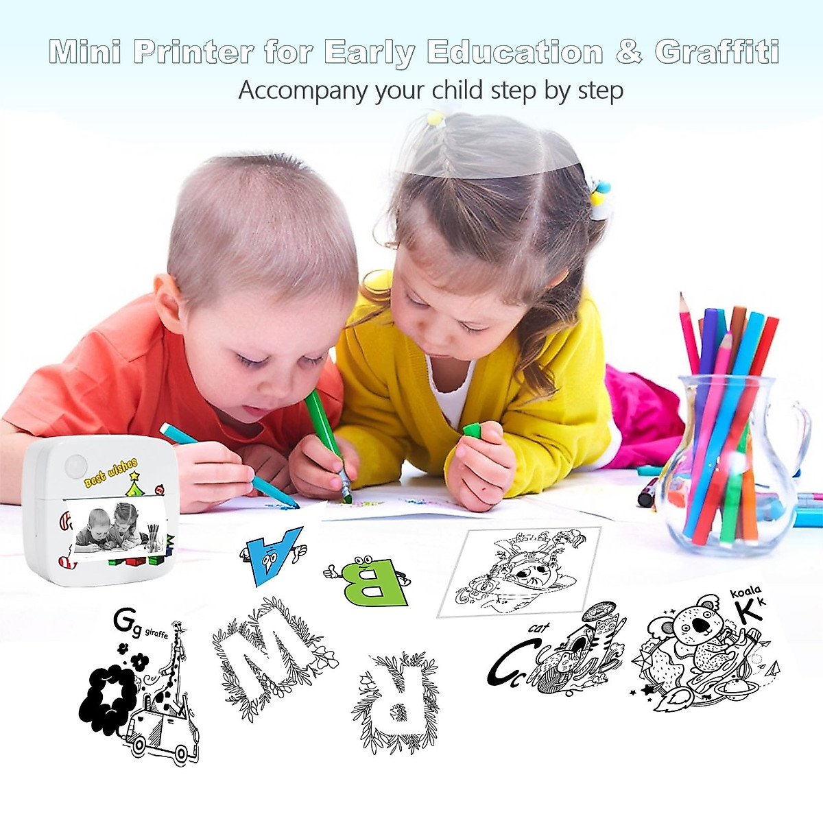 DOLEWA Sticker Printer with 5 Rolls Paper, Mini Portable Sticker Maker Machine Thermal Pocket Printer, Inkless Note Printer, Bluetooth Label Printer for Study, Scrapbook, DIY Journal, Memo, Photos