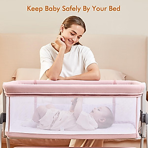 ANGELBLISS Baby Bassinet Bedside Sleeper with Gel Memory Mattress Topper, Easy Folding Portable Bassinet for Baby with Wheels, Mattress with Removable Cover