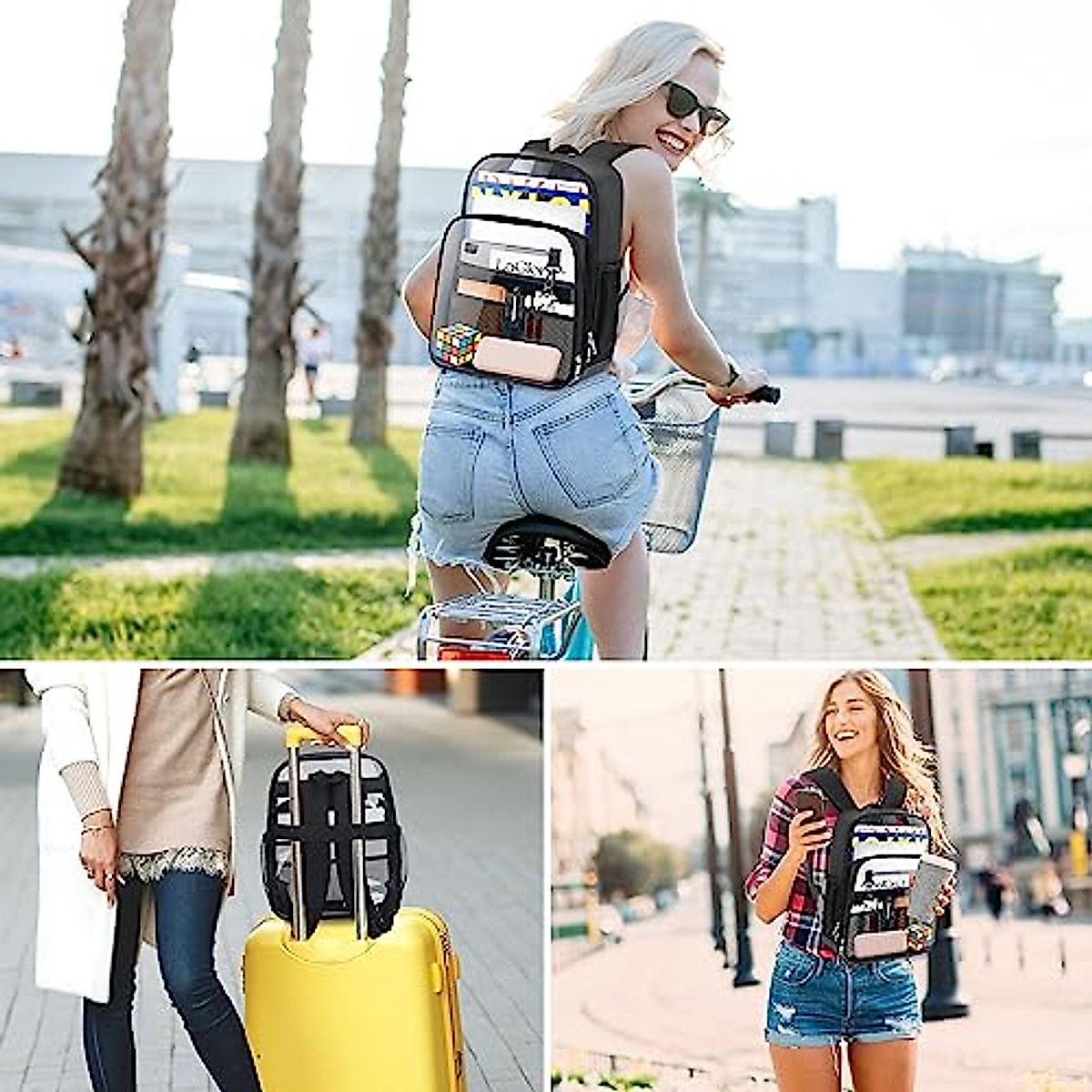 KETIEE Clear Backpack Heavy Duty, Stadium Approved Clear Bag Leather with Trolley Sleeve, Large Waterproof Transparent Backpack for Adults Work Travel Sports Concerts (Black)