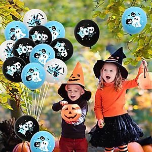 Kreatwow Halloween Baby Shower Balloon Boy 45pcs Blue Black Halloween Balloon Baby Shower Decor with Pumpkin Skull Bat Ghost Print for Halloween Birthday Party Little Boo Happy Boo Day Baby Shower