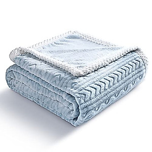 Cozy Fluffy Stripe Plaid Fleece Fuzzy Sherpa Throw 60 * 80 Inch, Super Soft Warm Plush Snuggle Sofa Couches Bed Blanket, Light Blue