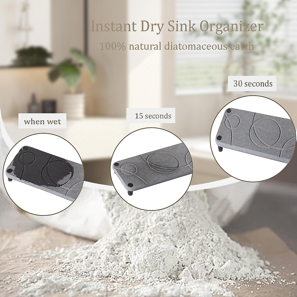 Instant Dry Sink Caddy Kitchen Sponge Holder Diatomaceous Earth Stone Drying Mat Bathroom Countertop Organizer Soap Dispenser Tray for Counter, Sink, Vanity, Small, Foam, Grey