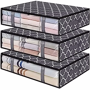 StorageRight Storage Bins, Under Bed Storage Containers, Foldable Clothes Storage Box, Storage Organizer, with Handles, for Comforter, Blanket, Clothing, Sweaters, Pillows, Toys, Grey, 3-Pack