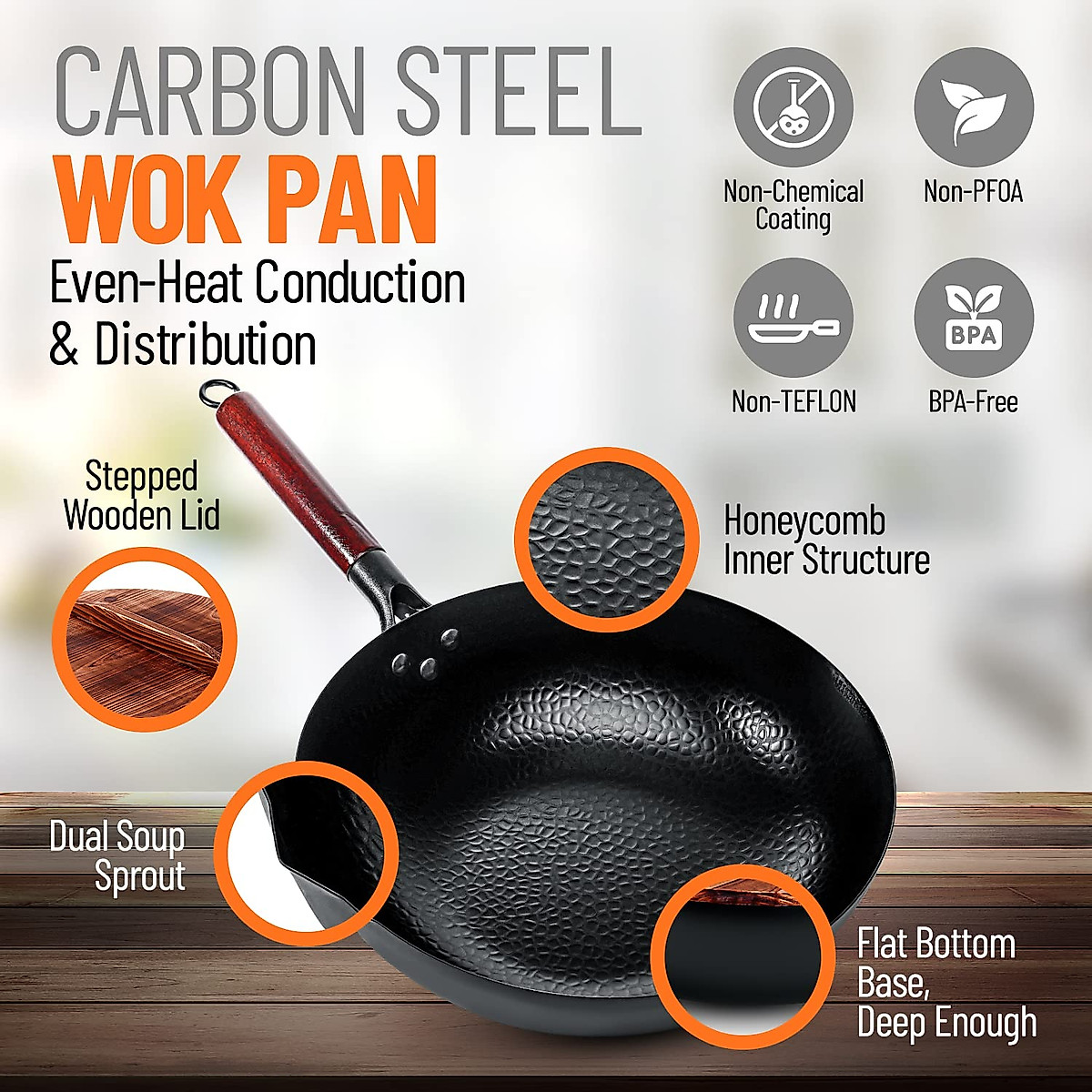 Homeries Wok Pan - 12.8" Woks and Stir Fry Pans, Carbon Steel Wok with Wooden Handle and Lid and 2 Spatulas - Non-Stick Flat Bottom Wok Frying Pan Suitable for Electric, Induction, and Gas Stoves