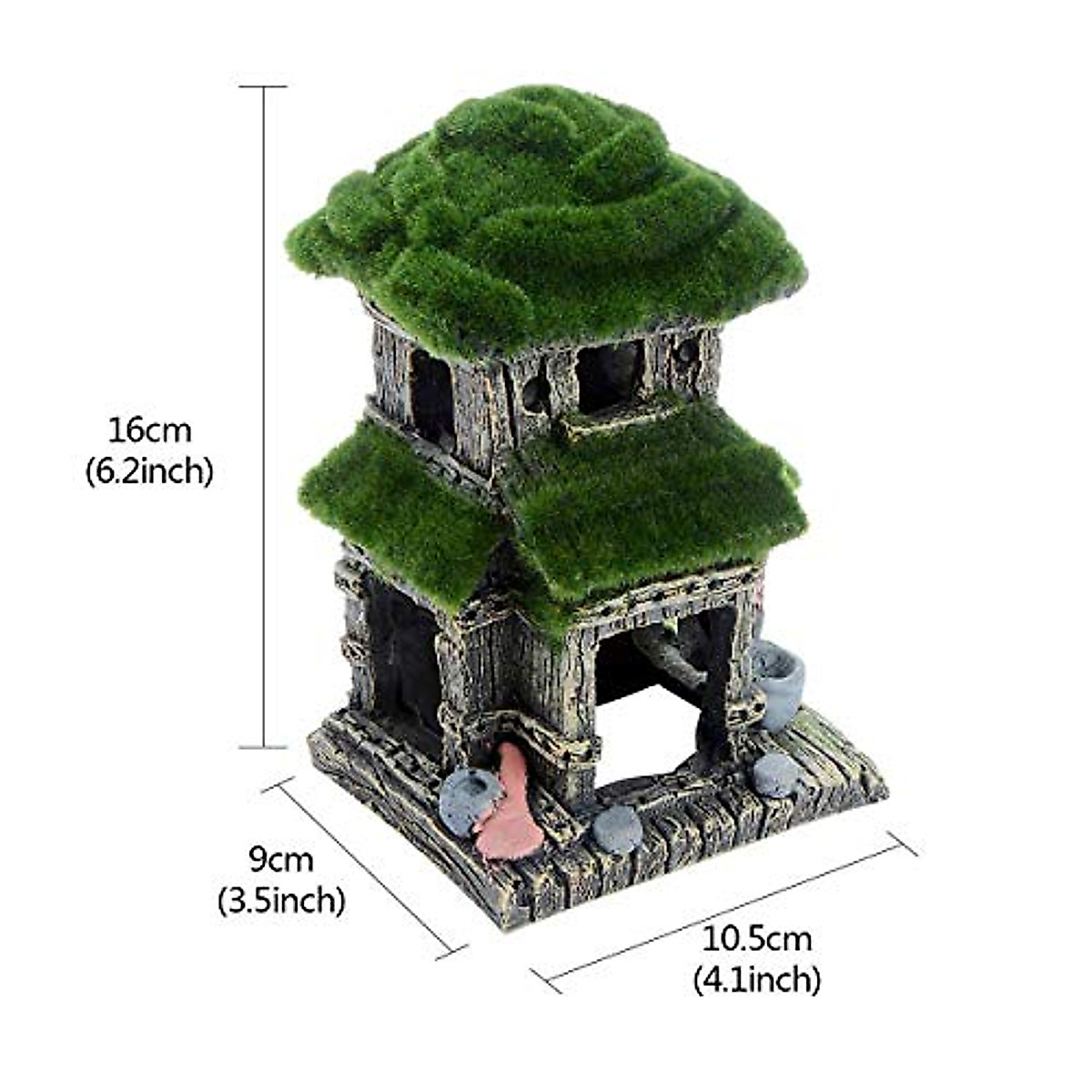 Saim Aquarium Decorations Fish Hideout Ancient Lovely Little House Betta Cave with Green Lifelike Moss Fish Tank Accessories