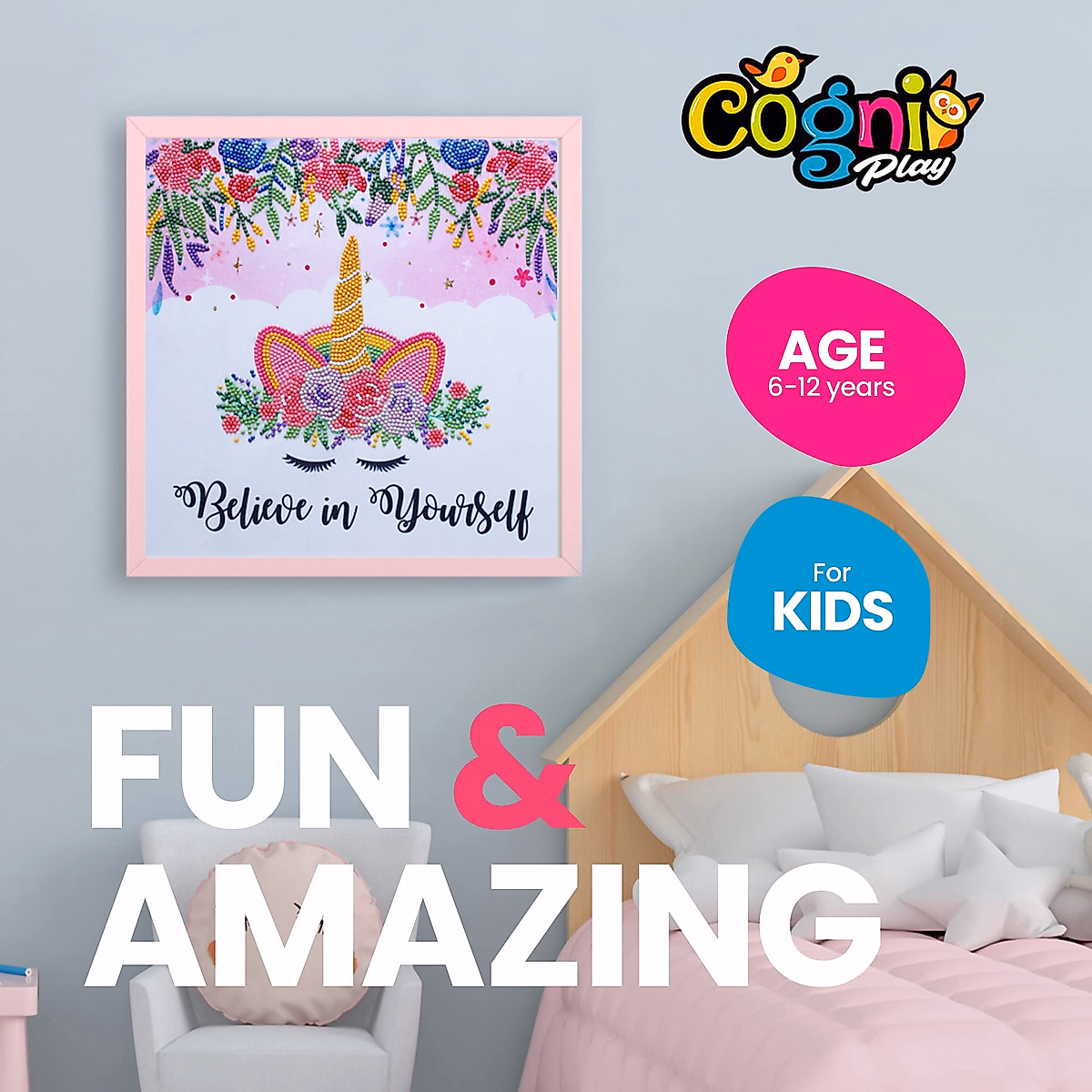 Diamond Art for Kids, Unicorn Diamond Painting Set, Gem Painting with Number Guide for Relaxation and Motor Skills, Believe in Yourself Unicorn Kit 12 x 12 Inches - Cogni Play