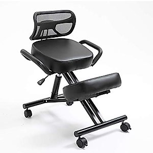 Beautiful Ergonomic Kneeling Chair with Thick Leather Cushions, Pneumatic Height Adjustment, Back Support, Side Handles, Back Pain Relief, Work from Home & Office, Black Stork [Updated August 2021]