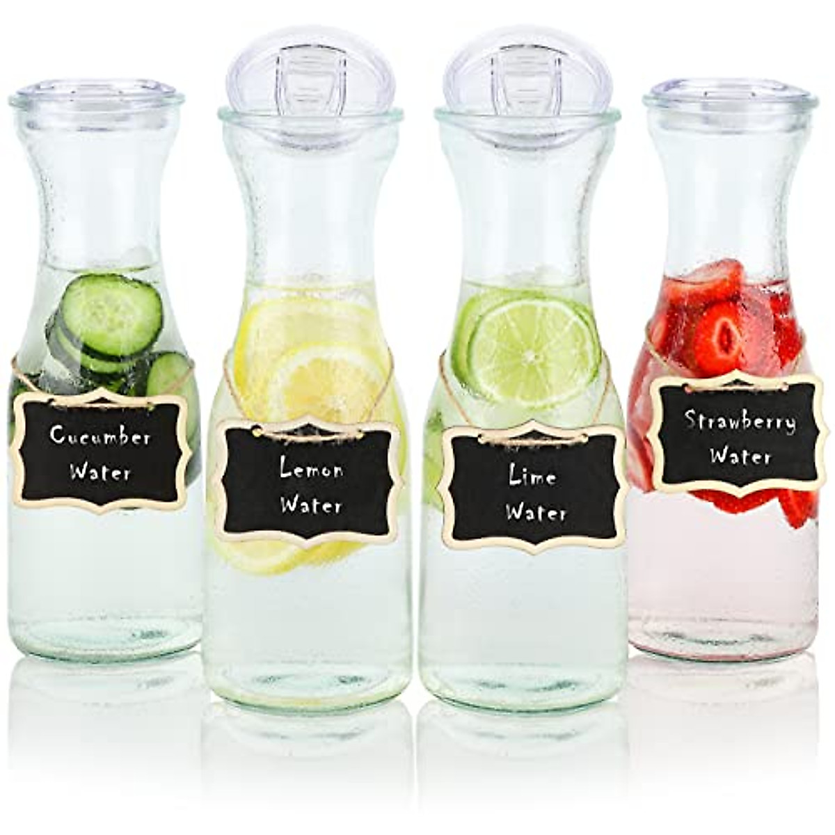 AYL Set of 4 Glass Carafe with Lids, 1 Liter Water Pitcher Beverage Serveware Carafe, Clear Glass Pitcher for Mimosa Bar, Cold Water, Brunch, Wine, Juice, Milk, Iced Tea, Lemonade,1 Hand Pour Lid