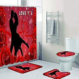 4 PCS Valentine's Day Shower Curtain Set with Rugs, 72x72 Waterproof Shower Curtains with Hooks Heart Gnomes Red Truck Patterned Bath Mat Holiday Decor Valentine's Day Decorations for Bathroom