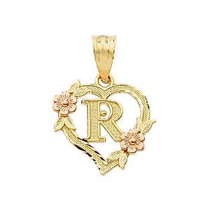 14k Beautiful Two-Tone Initial Heart Pendant for Women in Yellow and Rose Gold - Letter R
