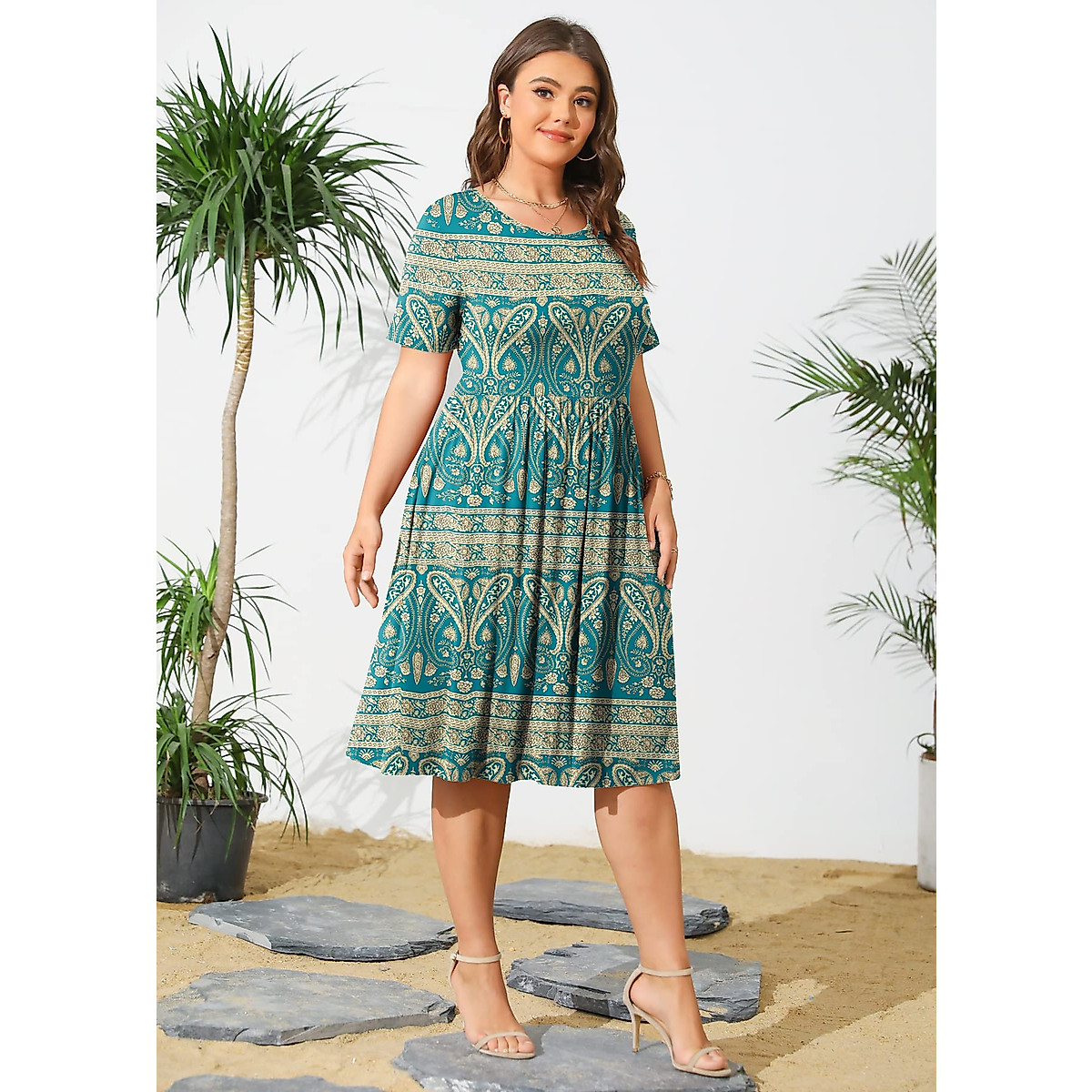 POSESHE Womens Plus Size Summer Dress for Women 2024 Hide Belly Soft Comfy Casual Empire Waist Dress,Blue Kaqi,XL