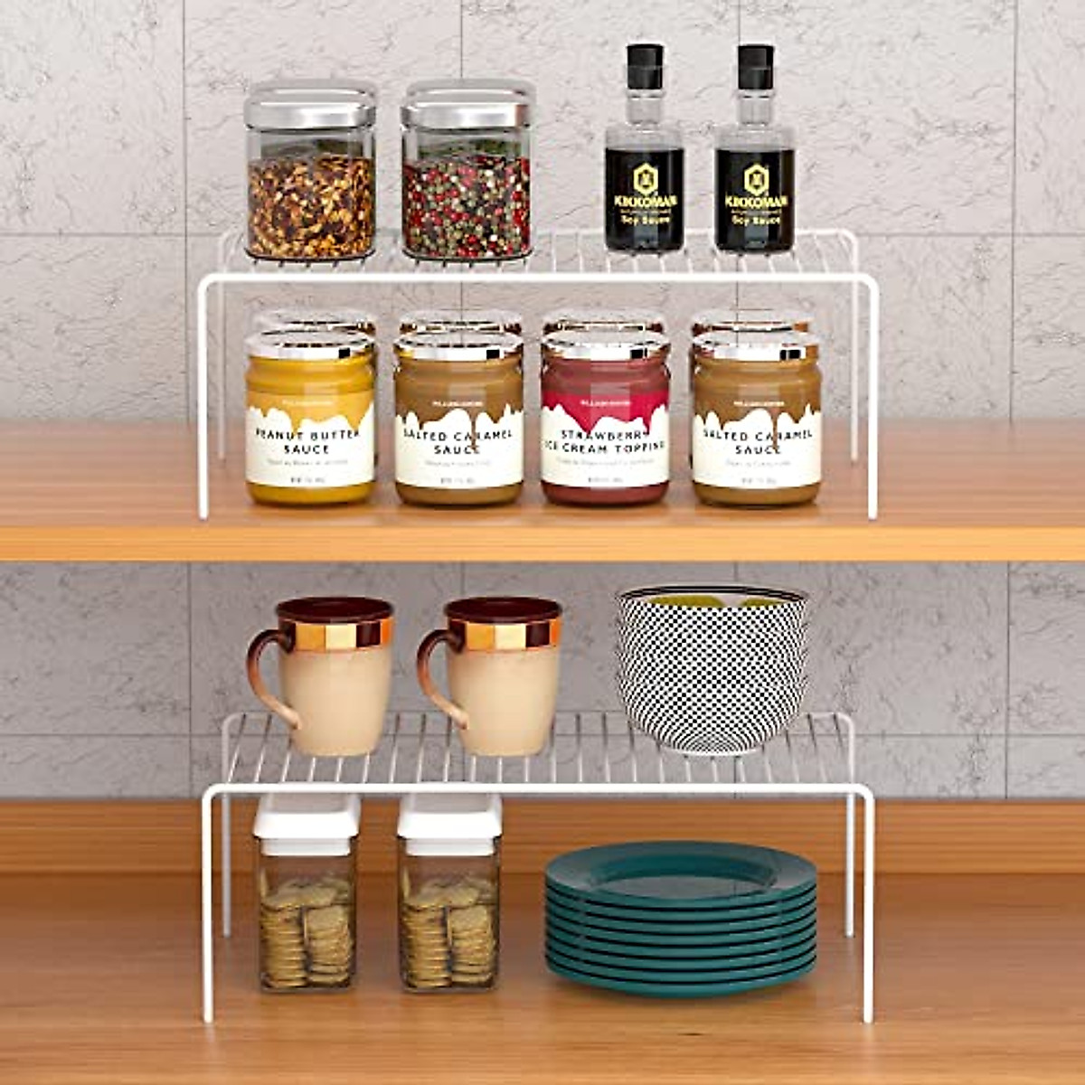 iPEGTOP Set of 4 Large (15.7 x 9.4 Inch) Kitchen Cupboard Organiser, Freezer Cabinet Storage Shelf Wire Rack, Rustproof Steel Shelves for Fridge Pantries Countertops Utensils -White