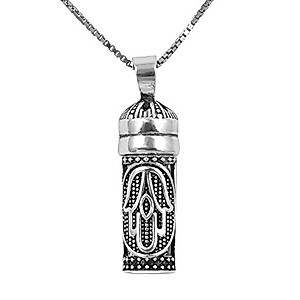 AJDesign Mezuzah Necklace for Men or Women in 925 Sterling silver Shema Yisrael, Chamsa, Hebrew Chai, Holyland Sand, Menorah (Open - My Fire Hamsa, 20 Inches Chain)