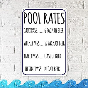 Pool Rates 12" X 8" Funny Beer Humor Aluminum Sign Indoor Outdoor Pool Locker Room Clubhouse Tiki Bar Decor