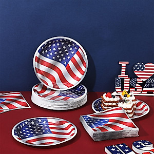 Mumufy 100 Pcs American Flag Patriotic Plates and Napkins 4th of July Party Supplies July 4th Disposable Paper Plates Napkins for Veterans Day Independence Day Decoration, Serves 50(Vivid)