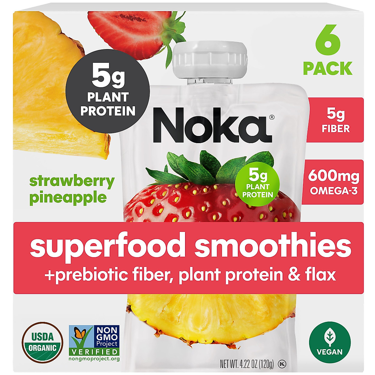 Noka Superfood Fruit Smoothie Pouches, Strawberry Pineapple, Healthy Snacks with Flax Seed, Prebiotic Fiber and Plant Protein, Vegan and Gluten Free, Organic Squeeze Pouch, 4.22 oz, 6 Count