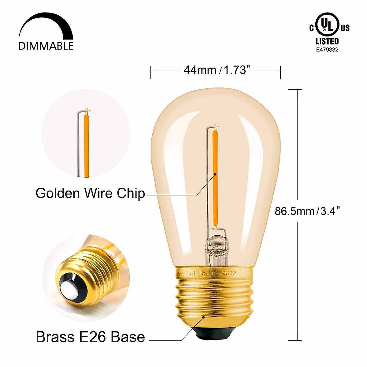 Hizashi 25 Pack S14 String Light Bulbs Replacement, Amber 2200K 11W S14 LED Bulbs for Outdoor String Lights, 1W Dimmable Shatterproof Waterproof, E26 Base Ediosn Bulbs, UL Listed