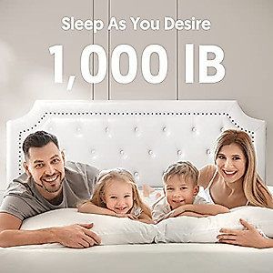 BONSOIR Queen Size Storage Bed Frame Upholstered Low Profile Traditional Platform with Tufted and Nail Headboard/4 Pull Out Drawers/White Faux Leather