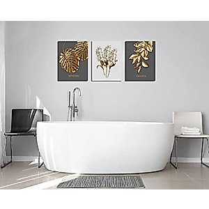 Gray and Gold boho Abstract Wall Art 3 Pieces Modern Stretched and Framed White Flower Gold Leaf Canvas Paintings for Living Room Home Office and Bedroom Bathroom Wall Decor Canvas Size: 12"x16"x3