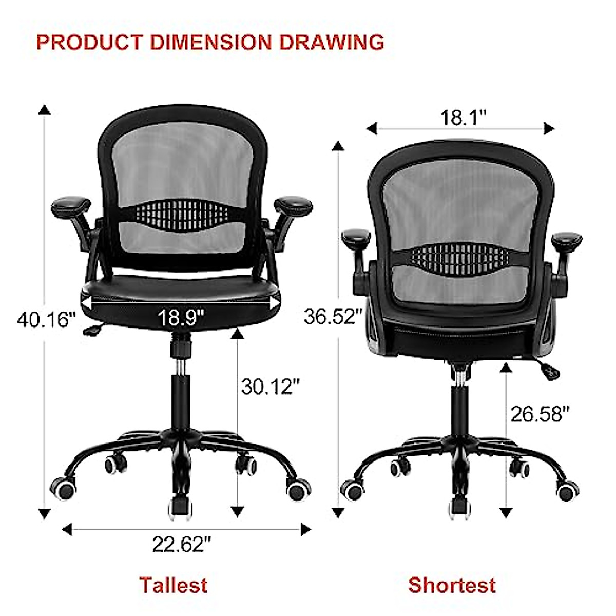 Office Chair,Ergonomic Home Desk Chairs,PU Leather Thick Cushion Mesh Office Chairs,Adjustable Executive Task Chair with Flip-up PU Armrests,360° Swivel Computer Chairs,Black
