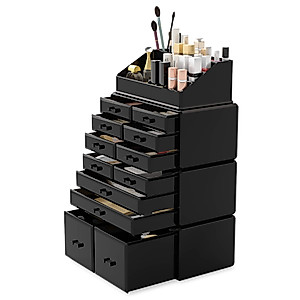 READAEER Makeup Cosmetic Organizer Storage Drawers Display Boxes Case with 12 Drawers (Black)