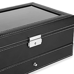 JS NOVA JUNS Watch Boxes for Men Women, 12 Slots PU Leather Lockable Watch Storage Boxes with Jewelry Display Drawer, Black
