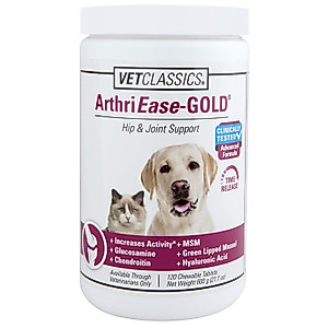 Vet Classics ArthriEase-Gold Hip & Joint Support for Dogs, Cats, Horses – Chewable Tablet Health Supplement – Alleviate Aches, Discomfort – for Flexibility, Healthy Joint – Antioxidant - 120 Ct