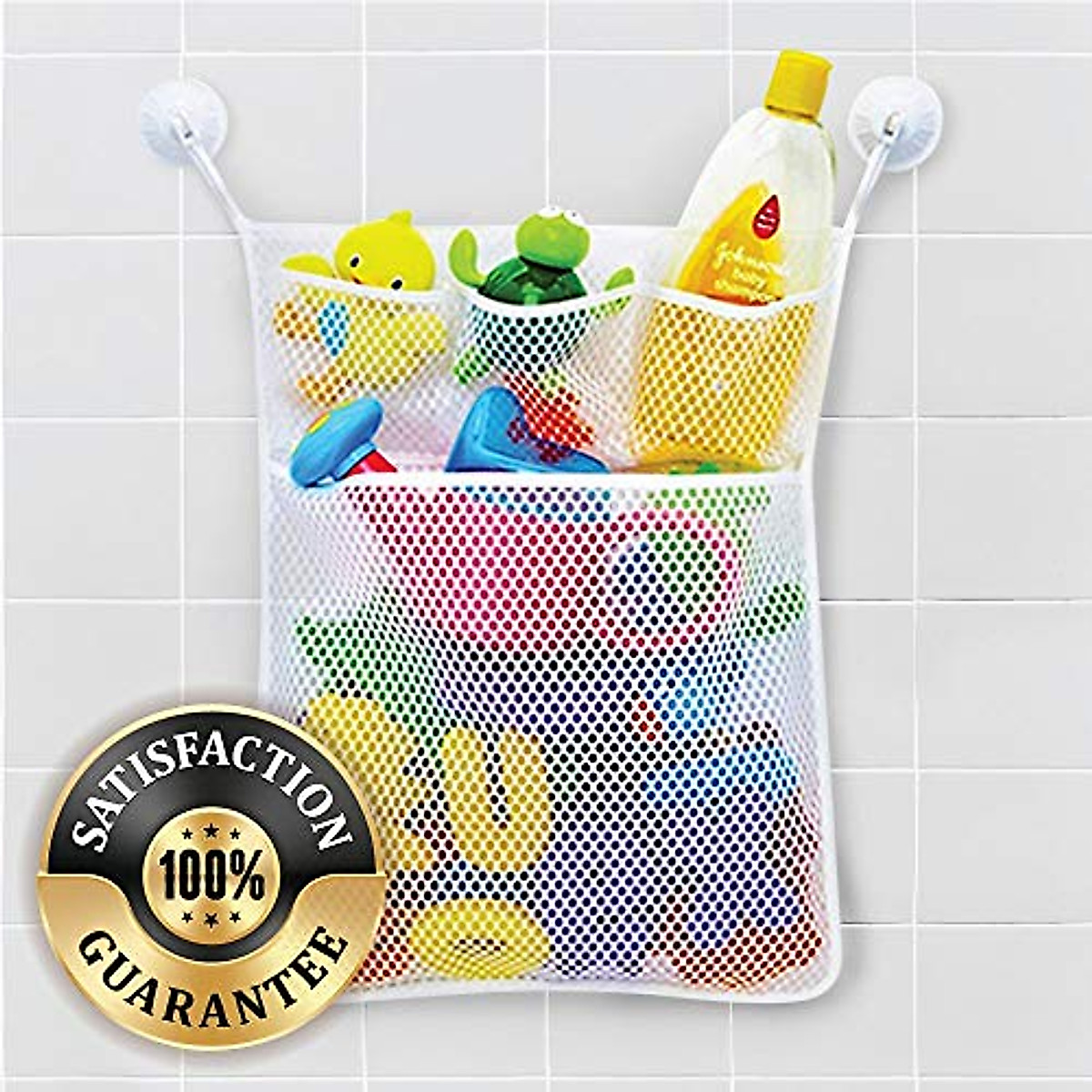 Eutuxia Bath Toy Organizer, Quick Dry Hanging Mesh Net Bathtub Storage with 4 Pockets & 4 Adhesive Hooks for Kids Toys and Bathroom Essentials. Shower Caddy for Decor, Fun, Educational, 19.76" x 14"
