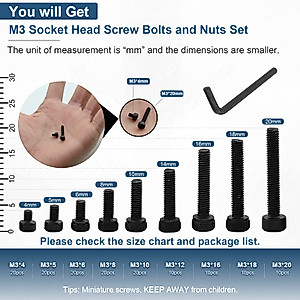 NINDEJIN M3 Small Metric Screws with Nuts, M3 Small Hex Socket Head Cap Screw, Carbon Steel Screw Bolts and Nuts Assortment Kit with Wrench Key, Replacement Machine Fastener Screws and Bolts Nuts