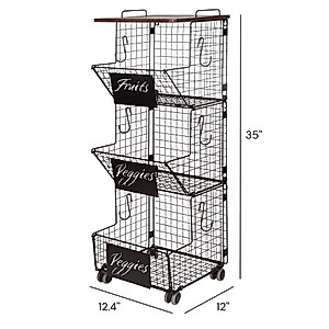 Granrosi 3 Tier Fruit Basket Stand for Kitchen Floor & Pantry — Stackable Rolling Fruit Cart & Vegetable Rack on Wheels; Produce Cart with Wooden Tabletop; 3 Tier Wire Basket Stand