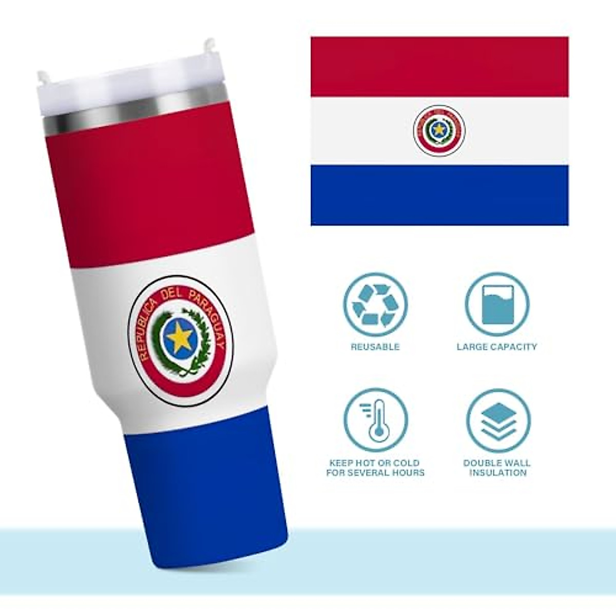 ODAWA Large Travel Insulated Tumblers with Handle and Straw, Paraguay Flag Double Wall Insulated Tumbler Insulated Vacuum Tumbler