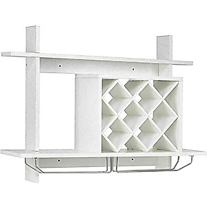 WANLECY Wall Mounted Wine Rack, 6 Bottles Wooden Wine Storage Display Rack with Metal Glass Holder, Modern Diamond-Shaped Wine Bottle Glass Holder Shelf for Wine Bottles, Liquor, Champagne