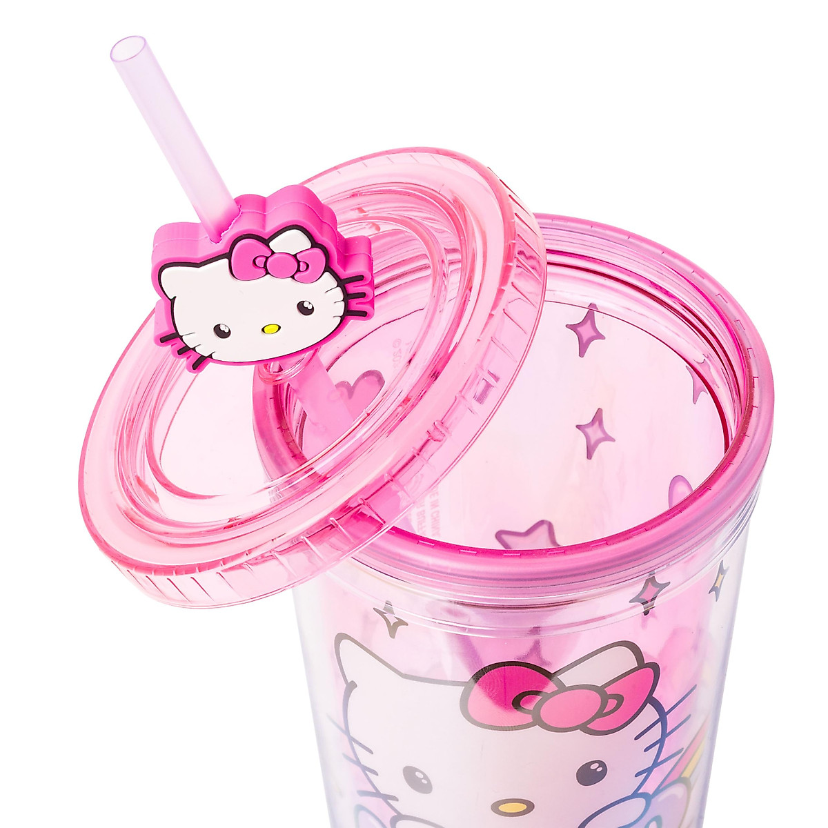 Silver Buffalo Sanrio Hello Kitty Kawaii Cute Hearts and Sparkle Plastic Cold Cup with Lid and Straw Topper, 24 Ounces