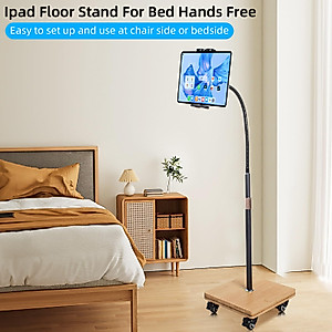 Crocqett Ipad Stand Floor with Wheels,Adjustable Height Tablet Floor Stand for Bed,Gooseneck Tablet Holder with Bamboo Base,Compatible with Kindle,Ipad pro Mini 12.9/6,Phones (4.7''-13'')
