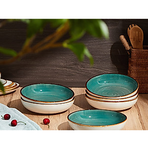 ONEMORE 30 oz Pasta Bowls and 8.5 inch Salad Plates Bundle - Microwave, Oven and Dishwasher Safe - Teal