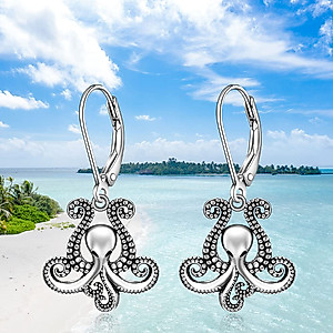 Octopus Earrings 925 Sterling Silver Tentacle Earrings Dangle Lever Back Retro Style Octopus Sea Kraken Nautical Ocean Halloween Gifts