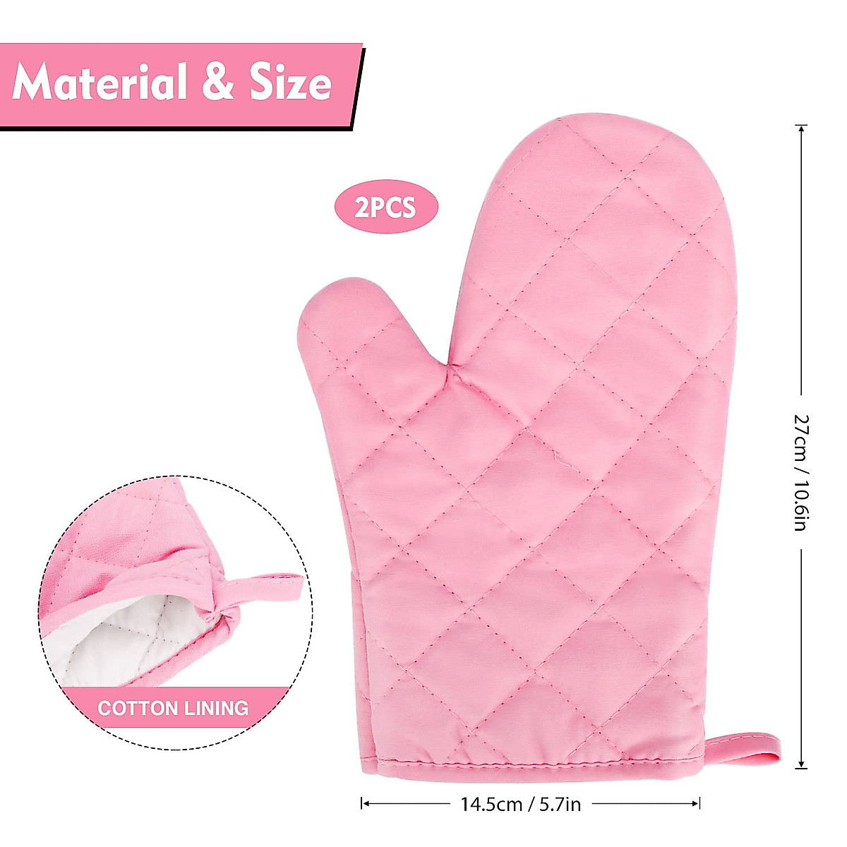 Heat Resistant Thick Cotton Oven Mitts Set, Soft Quilted Lining, Strong Grip Potholders for Hot Pans and Oven, Kitchen Mitt Pair Protect Hands, Cooking Baking BBQ Gloves, 11 Inch, Pink