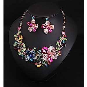 Orikycely Sunvy Noble Diamond Crystal Flower Chain Choker Collar Necklace Earrings Set