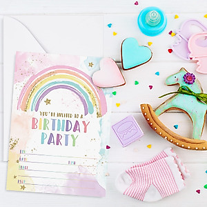 AnyDesign Rainbow Birthday Party Invitations with Envelopes Stickers Watercolor Birthday Paper Invitation Cards for Kids Party Celebration Supplies, Set of 20