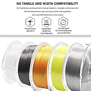 Set of 5 Silk PLA Filament Rolls - More Soft Less Fragile 1.75mm Diameter 2.2 LBS 3D Printing Filament Large Spool for 3D Printers (Black, White, Gold, Silver, Yellow Colors)