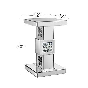 GA Home Silver Mirrored End Table with Crystal Inlay, Modern Mirrored Side Table Accent Table, Square Small Mirrored Coffee Table for Living Room, Bedroom