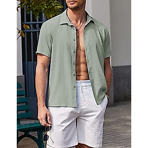 COOFANDY Men's Casual Short Sleeve Button Down Shirt Textured Summer Beach Shirt Light Green
