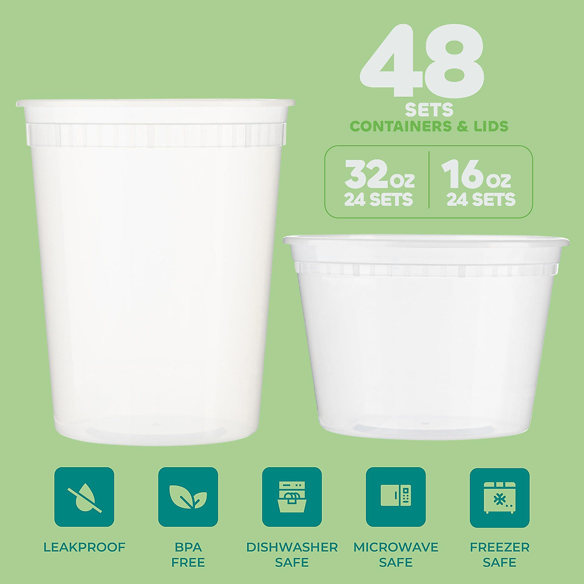 JoyServe Deli Food Containers with Lids - (48 Sets) 24-32 Oz Quart Size & 24-16 Oz Pint Size Airtight Food Storage Takeout Meal Prep Containers with 54 Lids, BPA-Free, Dishwasher, Microwave Safe