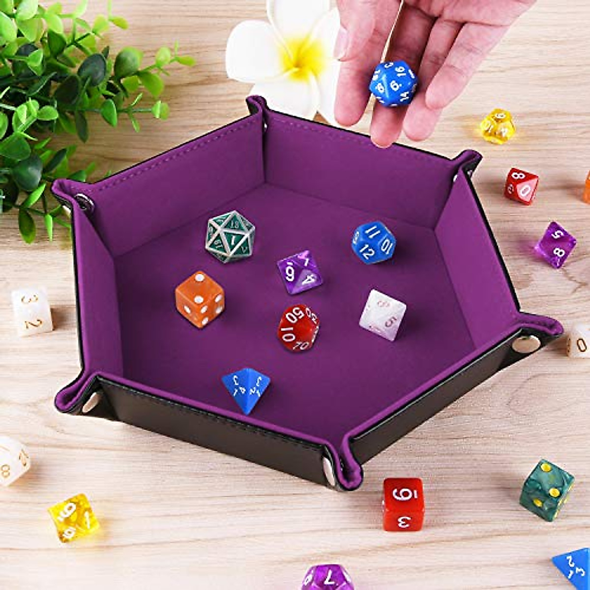 SIQUK Double Sided Dice Tray, Folding Hexagon PU Leather and Velvet Dice Holder for Dungeons and Dragons RPG Dice Gaming D&D and Other Table Games, Dark Violet
