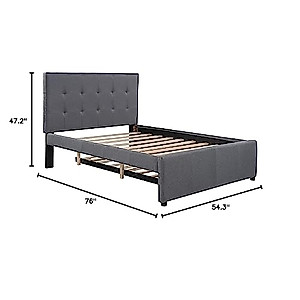 RUNWON Full Size Linen Upholstered Platform Bed with Headboard and Trundle for Bedroom Living Room, Space Saving Design, Grey